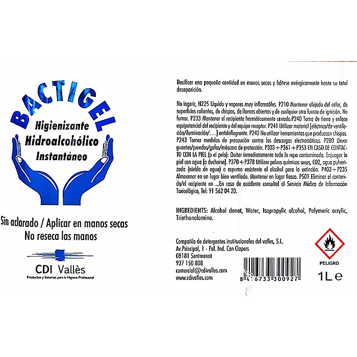 Gel hidroalcohólico desinfectante para manos 1 litro Bactigel